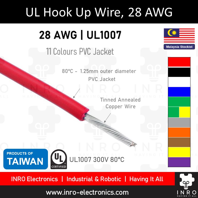 Hook Up Wire | 28 AWG, UL1007, 3A Current, Wayar Kereta / Machine, Auto ...