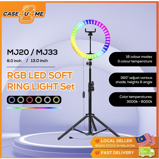 RGB LED M20/MJ33 SOFT RING LIGHT Set 8.0 寸/13.0 寸直播灯＋短/长三脚架 | Shopee ...