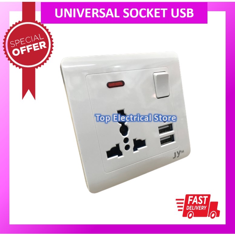 JY 13A UNIVERSAL SWITCH SOCKET OUTLET WITH DUAL USB SOCKET (NEON) WHITE ...