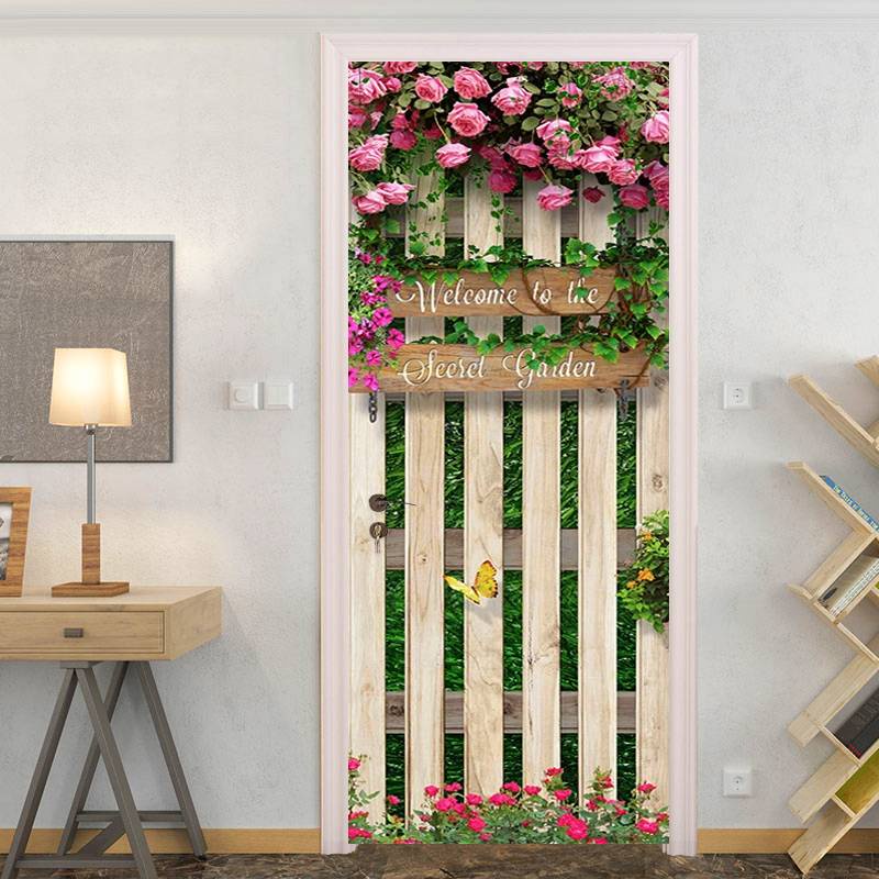Custom Self-Adhesive Door Sticker 3D Wood Board Rose Flowers Mural ...