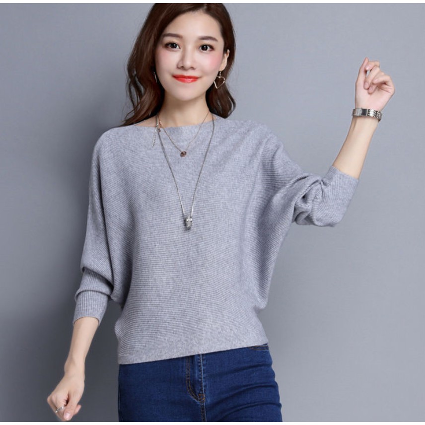 【READY STOCK】ST245 Women's Bat Sleeve Sweater Loose Solid Color Single ...