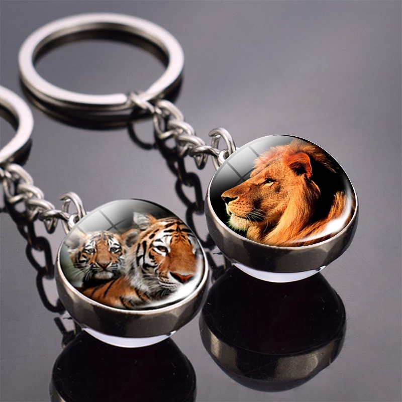 Animal Keychain Tiger Wolf Fox Lion Double Side Glass Ball Key Chain ...