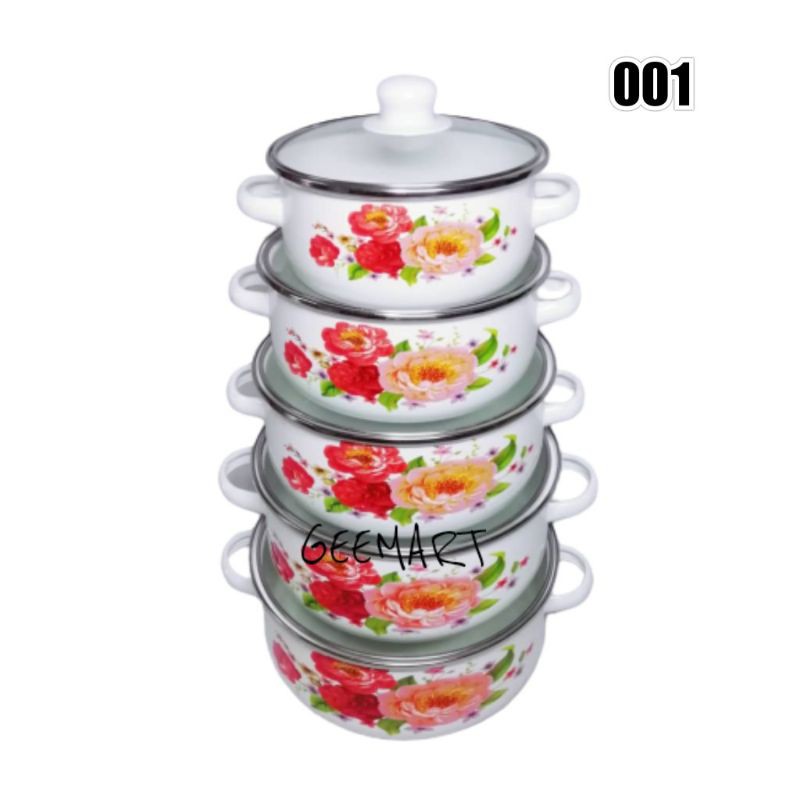 PERIUK ENAMEL 5 BERADIK TUDUNG KACA / NON STICK POT COOKWARE SET ...