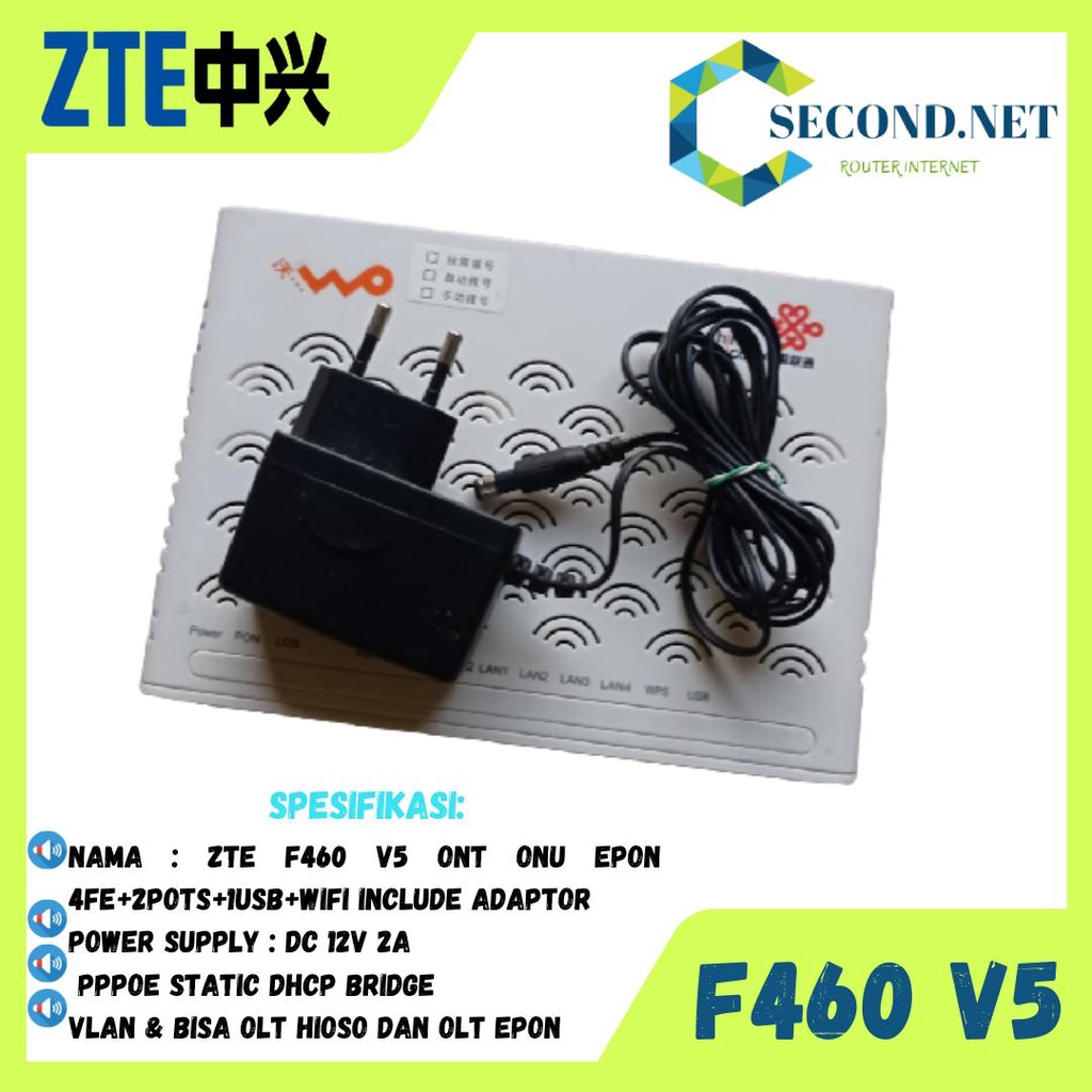 ZTE F460 V5 ONT ONU EPON 4FE+2POTS+1USB+WIFI INCLUDES ADAPTER | Shopee ...