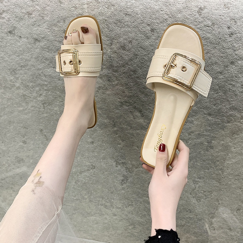 Straw Strawking Square Buckle Flip-Flops Women's Flat Sandals | Shopee ...