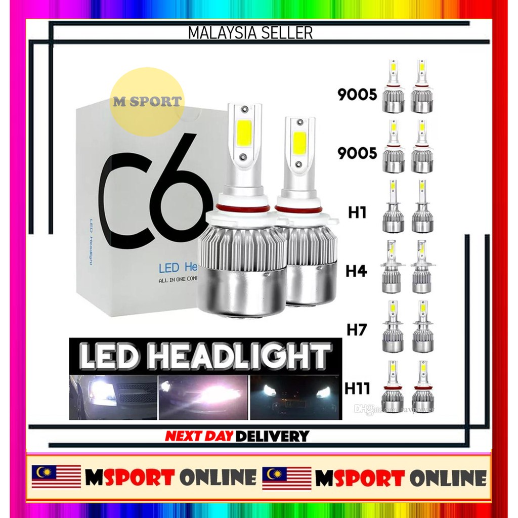 Original C6 LED Headlight H4 / H7 / H11 / H1 / H3 / 9005 / 9006 / HB3 / HB4 / 880 / 881 COB Car ...