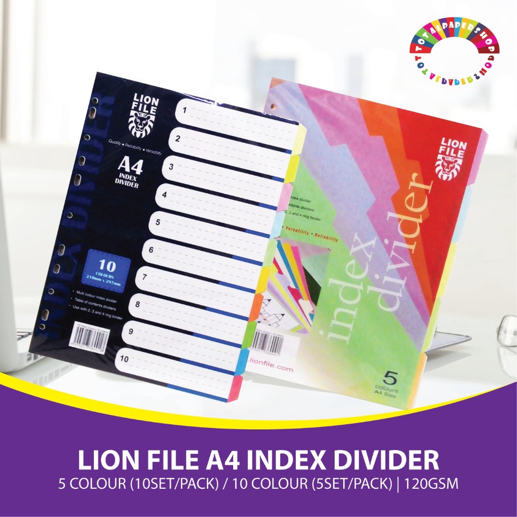 Lion File A4 Index Divider 5 Colours 120gsm (10set/pacl) /10 Colours ...