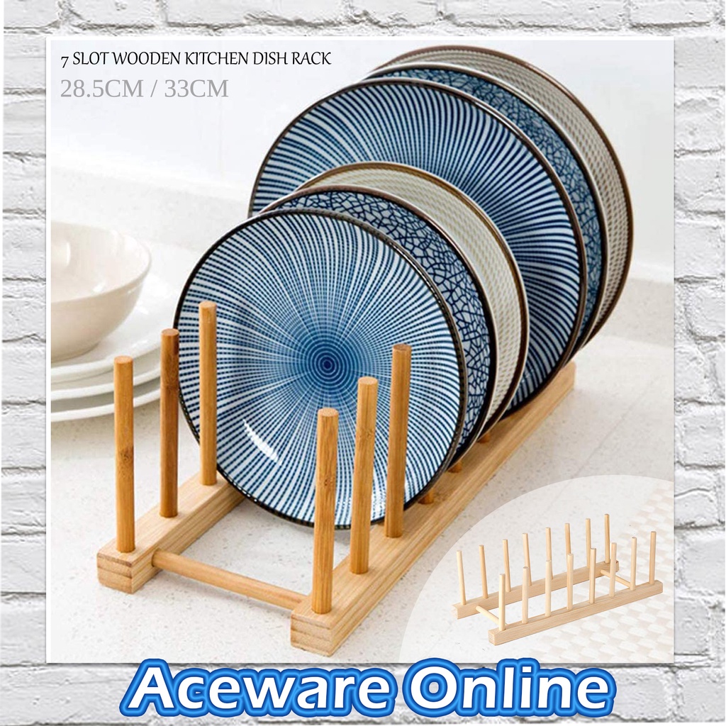 7 SLOT WOODEN KITCHEN DRAIN DISH RACK Bamboo Wood Plate Holder Book ...