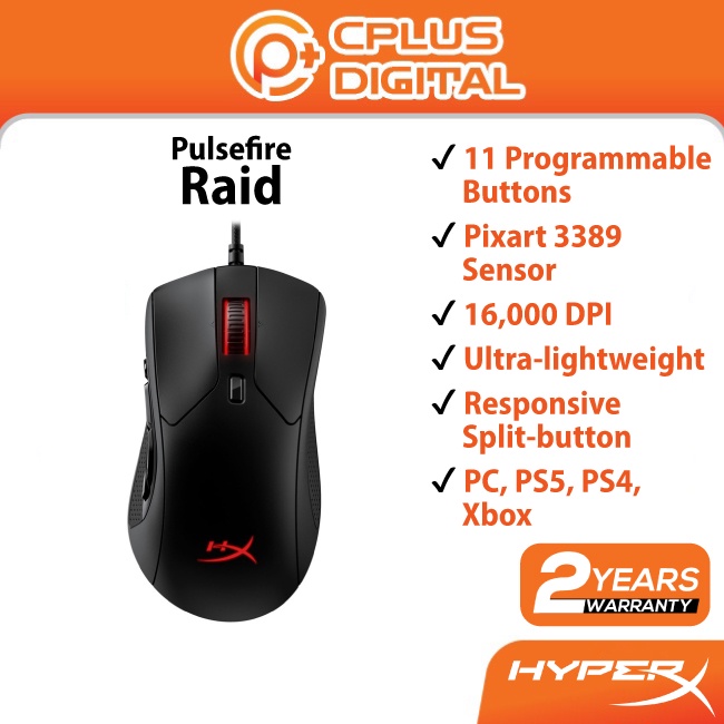 HyperX Pulsefire Raid Gaming Mouse 11 Programmable Buttons Pixart 3389 Sensor 16,000 DPI Ultra ...