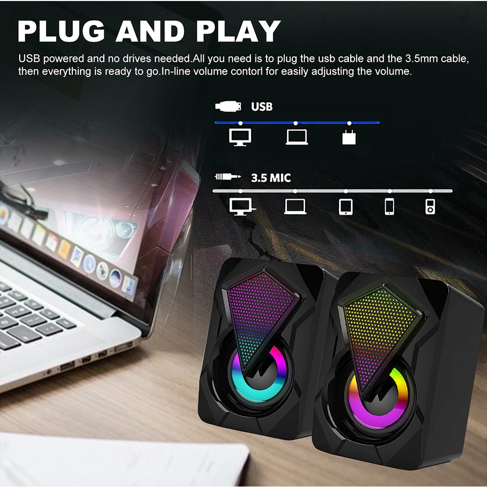 Speaker PC Laptop Desktop Computer Mobile Phone USB Audio Jack Mini RGB ...