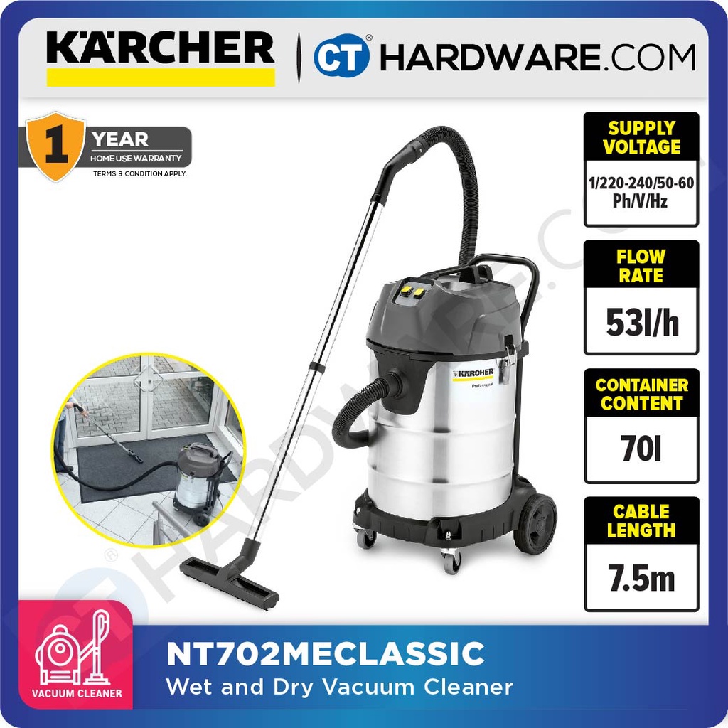 KARCHER NT 70/2 ME CLASSIC STAINLESS STEEL WET AND DRY VACUUM CLEANER 70L | 2300W | 225M/BAR ...