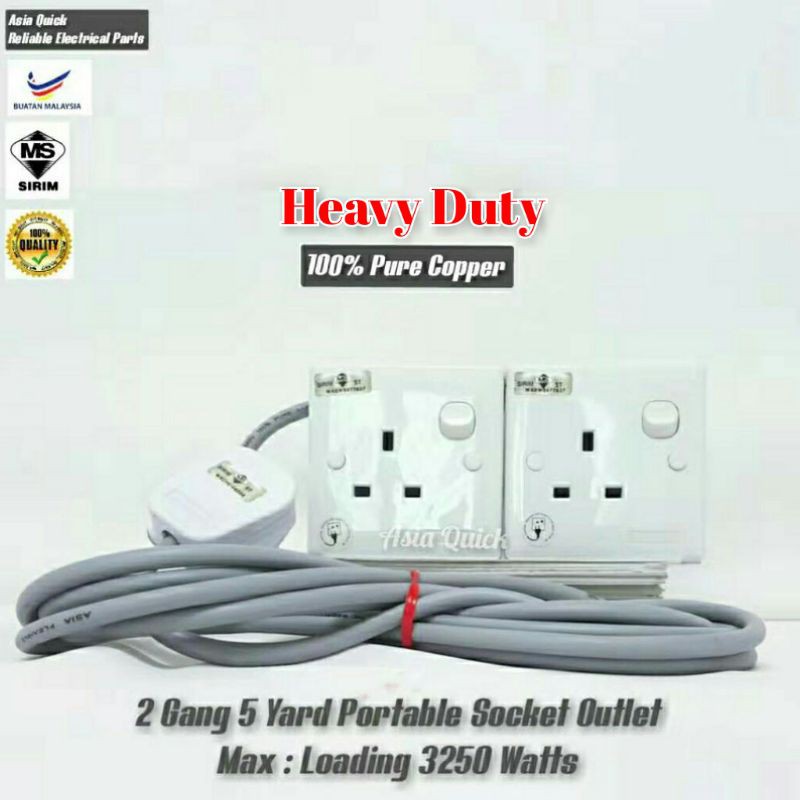 Heavy Duty 2 Gang 3/5/7/10 Yard Portable Extension Plug Wire Sirim ...