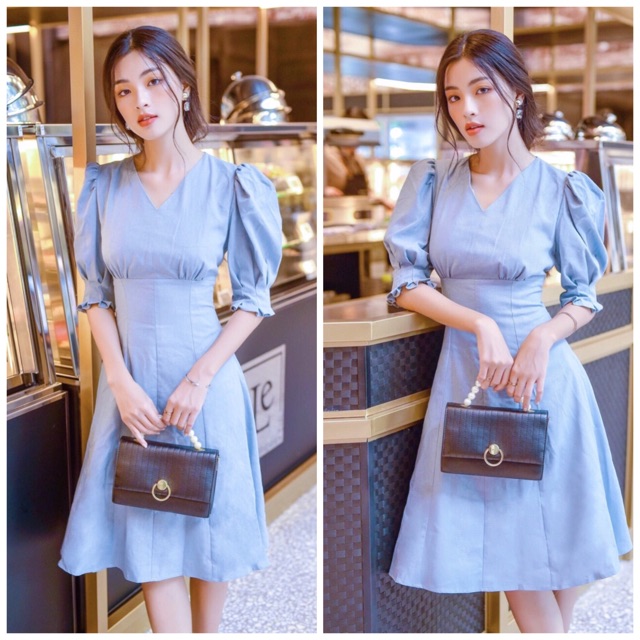 Blue V-neck dress with pleated sleeves (with real pictures) | Shopee ...