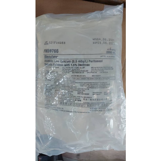 DIANEAL LOW CALCIUM PERITONEAL DIALYSIS WITH 1.5% CALCIUM FNB9766 2000ML X 6 BAGS BAXTER EXP ...