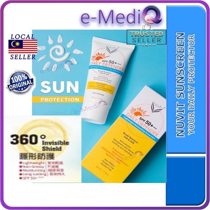NUVIT Sunscreen Daily Defender SPF50+ 50ml [ Light Moisturiser Sunblock ...