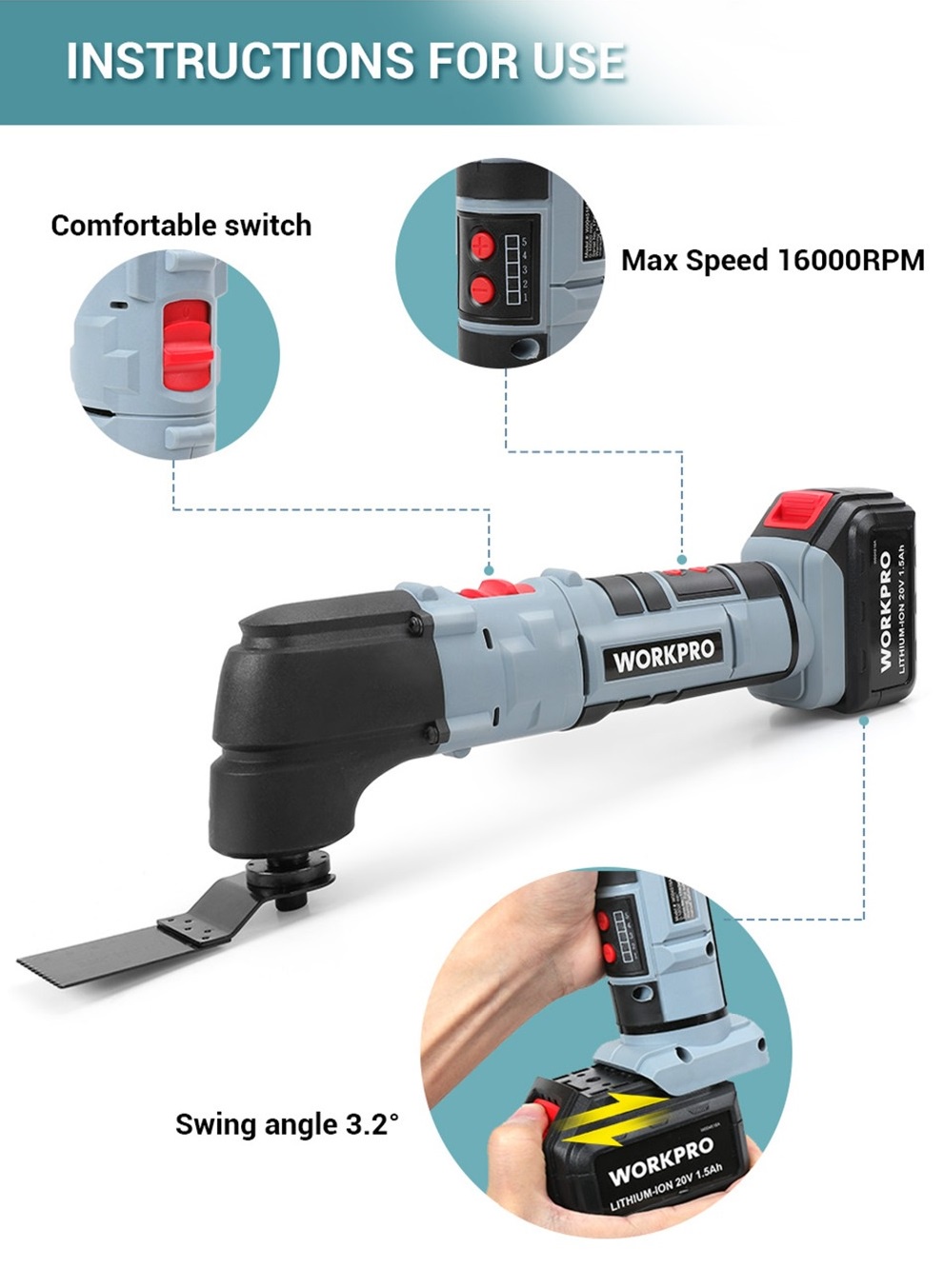 WORKPRO 18V Oscillating Tool Set Lithium-ion Multi Power Tools with LED ...