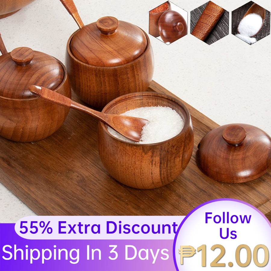 [NYM]Natural Wooden Salt Cellar Box Spice Jar Sugar Bowl Pepper Box Salt Seasoning Container ...