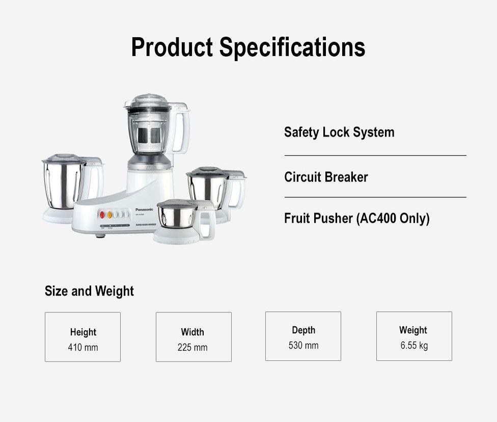 PANASONIC MX-AC400 SUPER MIXER GRINDER (360W) 4 JARS MX-AC400WUA ...