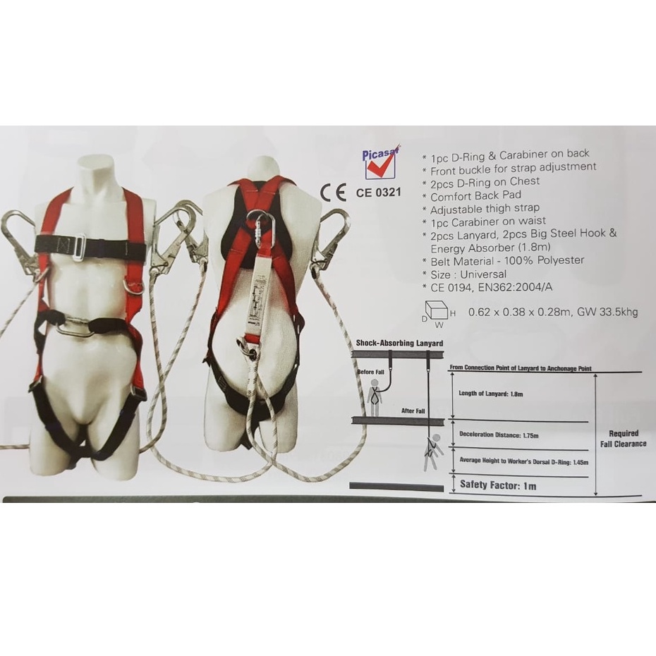 Picasaf Full Body Harness with Double Lanyard, Energy Absorber and 2 Large Hook - Sirim | Shopee ...