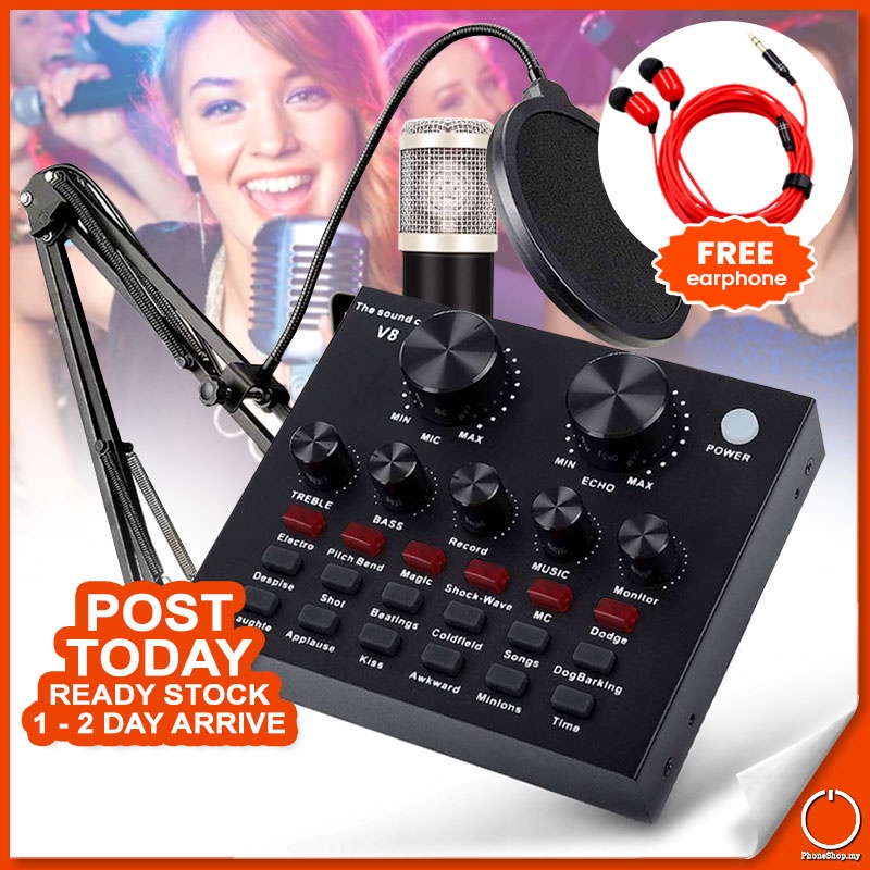 𝟮 𝗜𝗡 𝟭 BM800 Condenser Microphone + V8 Sound Card Set Studio Recording Kits Live Stream ...