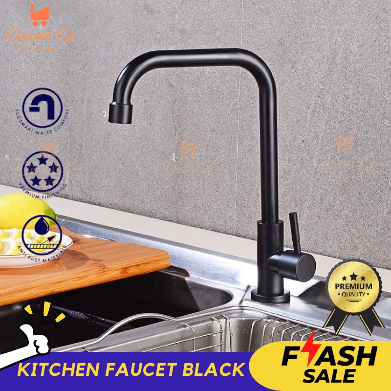 Kitchen 304 Stainless Steel Black Faucet L Shape Pillar Wall Sink ...