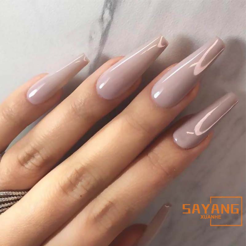 YADORNOS 24pcs/box Long Ballet Milk Tea Pure Color Fake Nails glossy ...