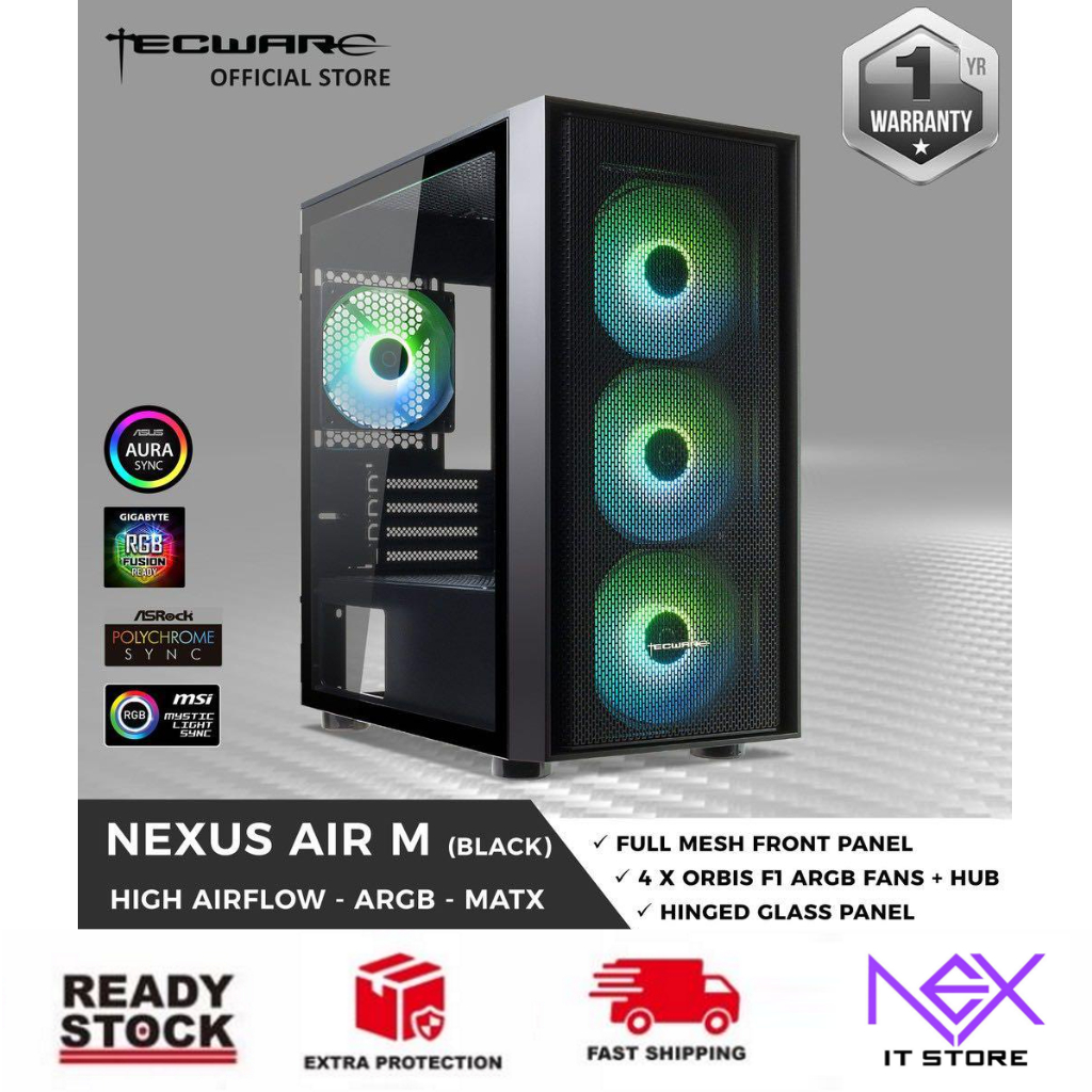 Tecware Nexus Air M TG ARGB - Black MATX Gaming Case Black/White ...