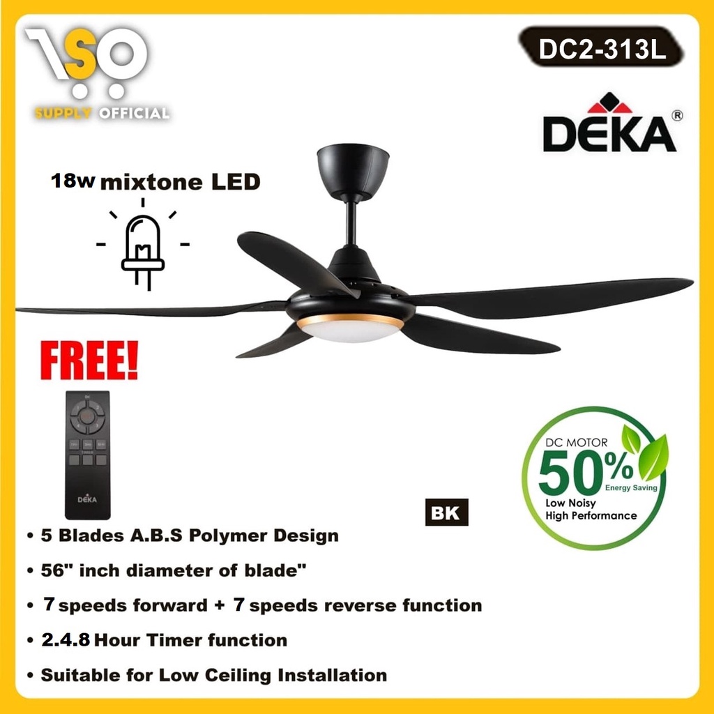 [Ready Stock] [Fast Delivery] DEKA DC2-313L 56" Black Ceiling Fan with ...