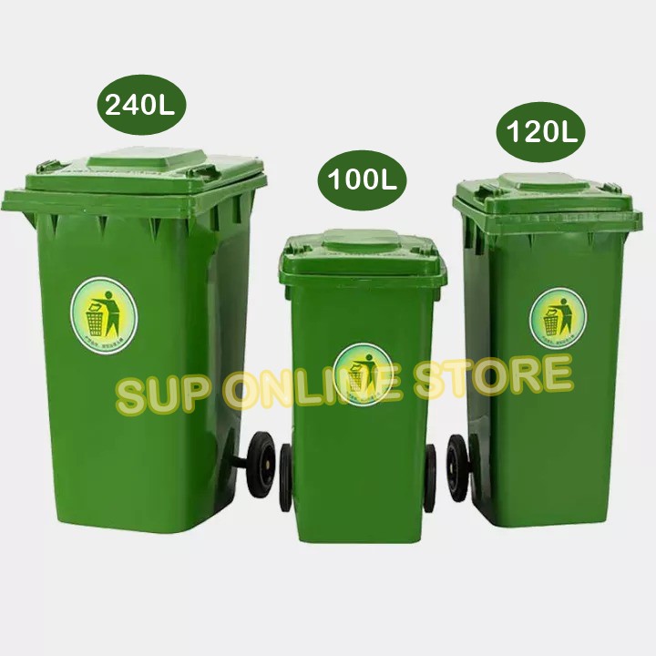 Heavy Duty Garbage Bin with Wheels (90L / 100L / 120L / 240L) / Green Garbage Bin outdoor / Tong ...