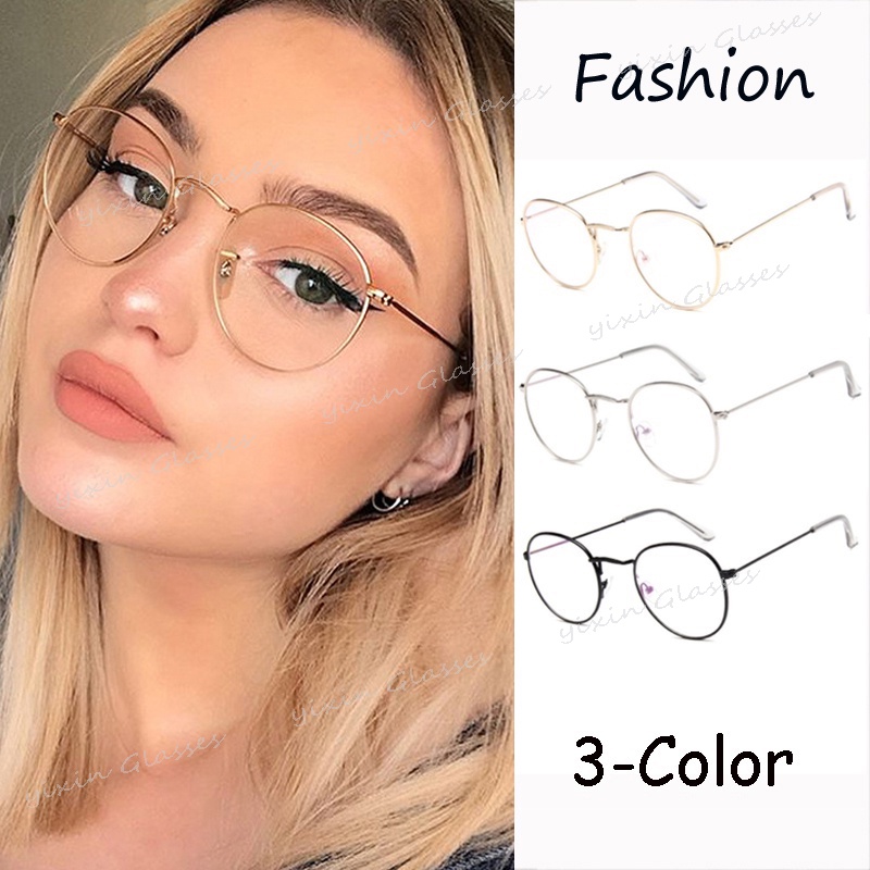 Women Men Gold Frame Spectacle Frame Clear Lens Round Metal Glasses ...