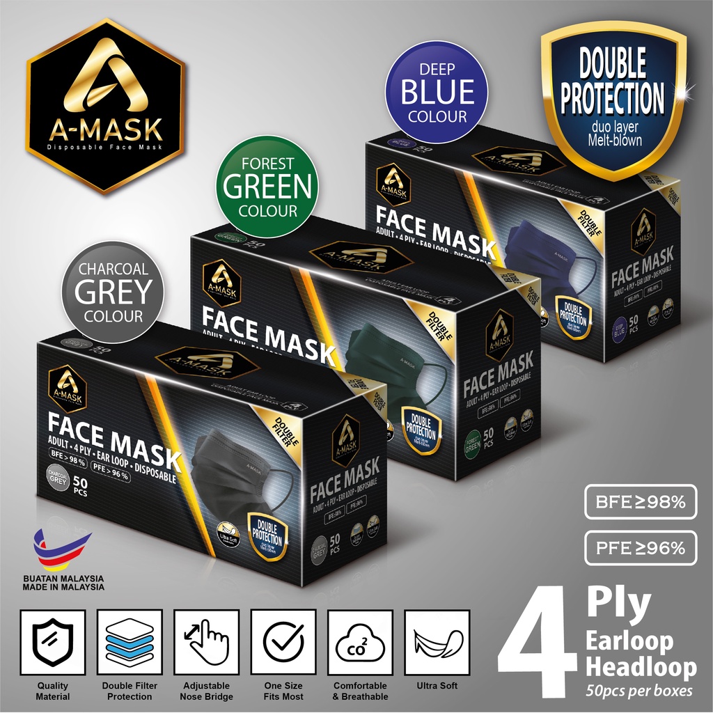 A-MASK 4Ply Double Melt-Blown Adult Face Mask (Earloop /Headloop ...
