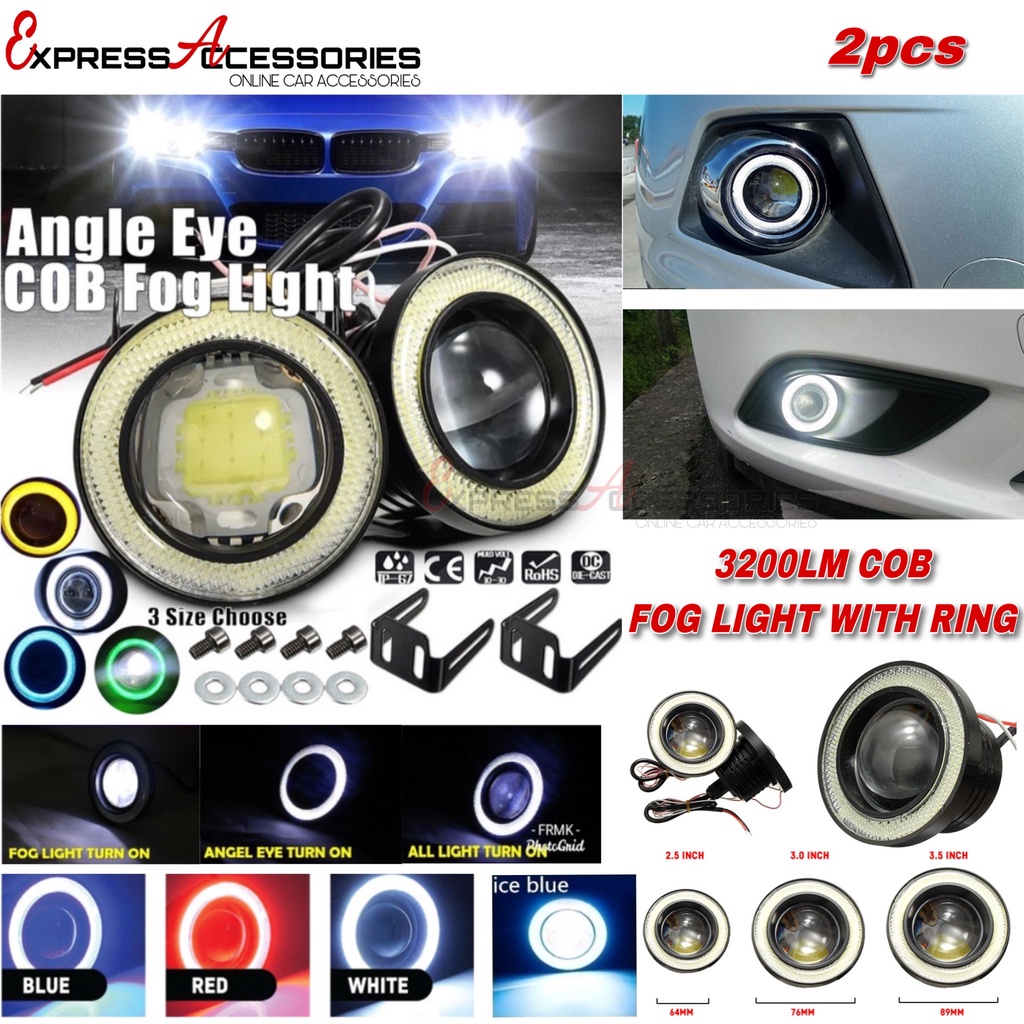 🔥READY STOCK🔥 (2PCS) 3200LM R500 Car COB LED Angel Eyes Fog Light WITH Ring Lens Projector 76mm ...