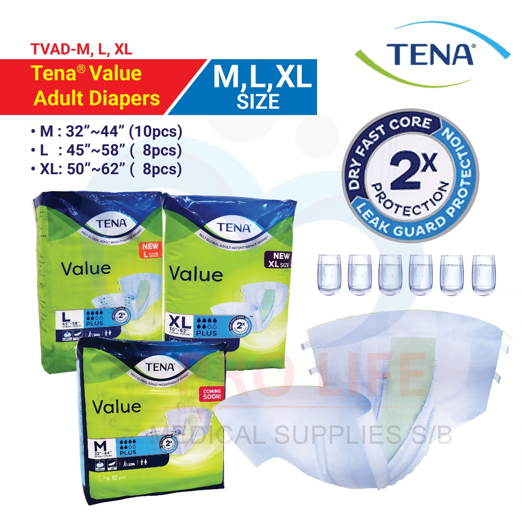 Tena Value Adult Diapers | Lampin Dewasa | 成人纸尿裤 / (M:32"~44")10pcs | (L:45"~58")8pcs | (L:50 ...