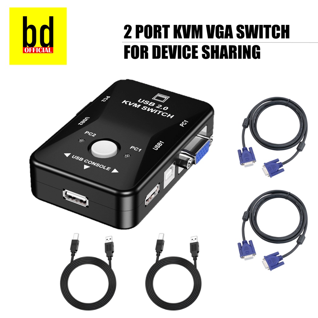 VGA KVM Switch 2 Ports with 3 USB Hubs Two Computers Share 1 Set of ...