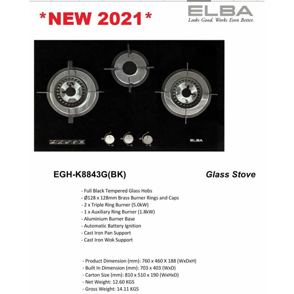 ELBA EGH-K8843 3 BURNER Cast Iron /MORGAN 2 Burners BuilT-In-Hob Gas Stove MBH-GC1122/DAPUR KACA ...
