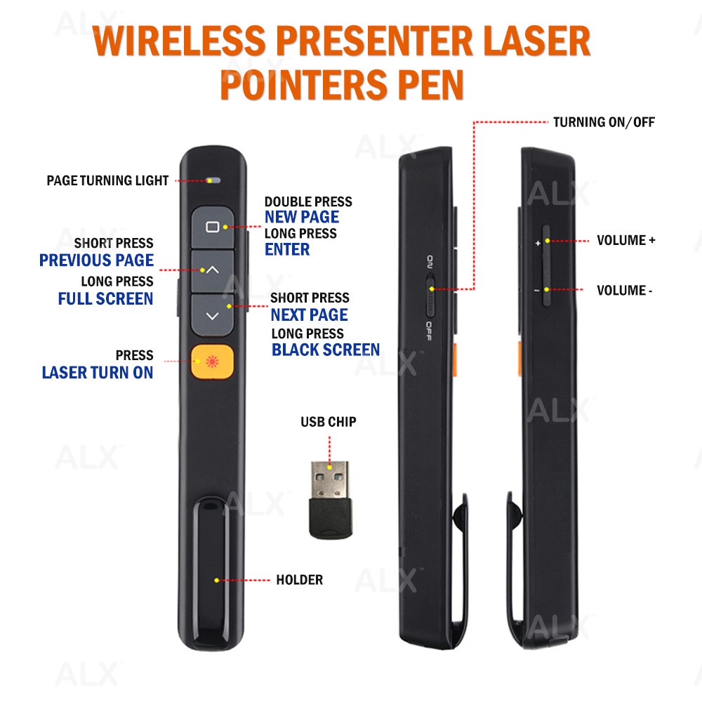 ALX Multi-function Red Laser Pointer Pen USB Presentation Pen Wireless Presenter Control Page ...