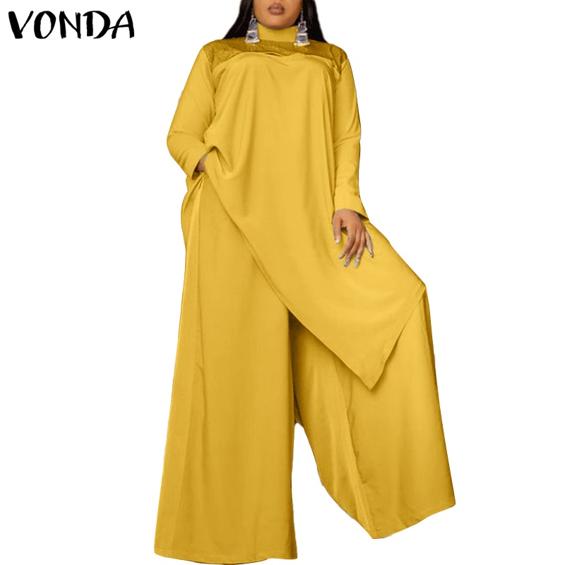 VONDA Women Long Sleeve Mock Neck Irregular Hem Blouse And Wide Leg ...