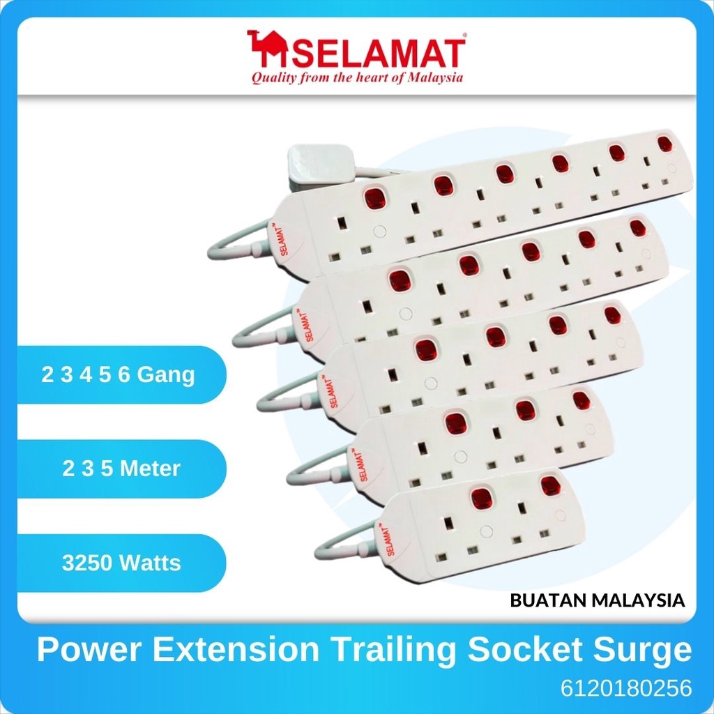 SELAMAT 2 3 4 5 6 Gang Power Extension Trailing Socket Surge Protector ...