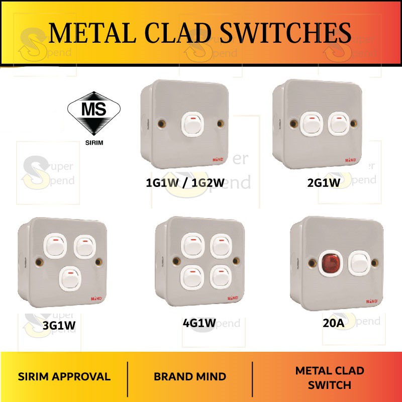 MIND Metal Clad Switches 1G 1W / 1G 2W / 2G 1W / 3G 1W / 4G 1W / 20A ...