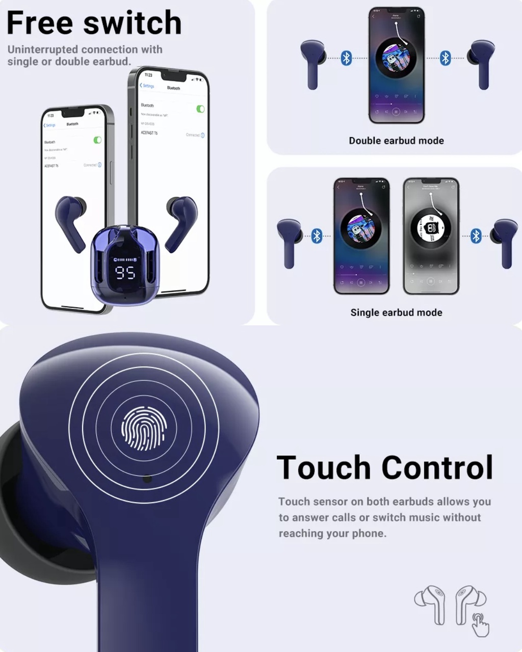 AceFast T6 TWS Bluetooth ENC Earbuds LED Digital Display l Built-in Mic ...