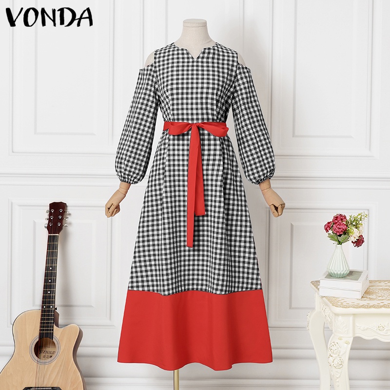 VONDA Women Vintage V Neck Long Sleeve Loose Hollow Out Plaid Patchwork ...