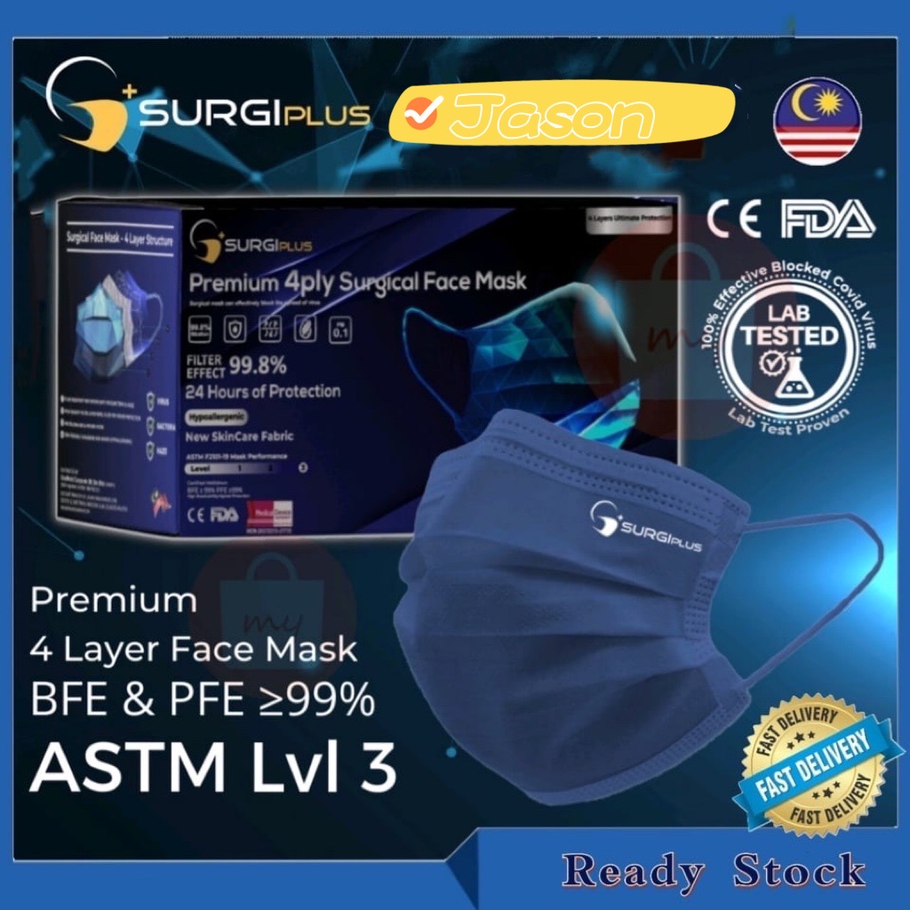 SurgiPlus Premium Surgical Face Mask 4 Ply ASTM Lvl 3/EN Type II-R ...
