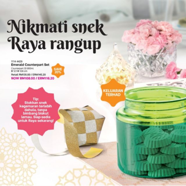 Tupperware Bekas Kuih Raya Limited Edition Emerald Counterpart Set ...