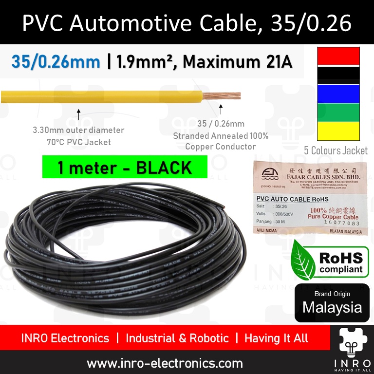 [1m] [5m] Fajar Cables Wayar 35/0.26 35/0.26MM (1.90mm²), 14 AWG, Car ...