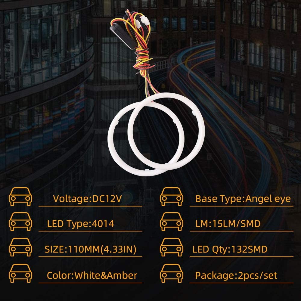 1pair White Yellow Car Angel Eyes LED Halo Ring Headlight 12V DRL LED ...