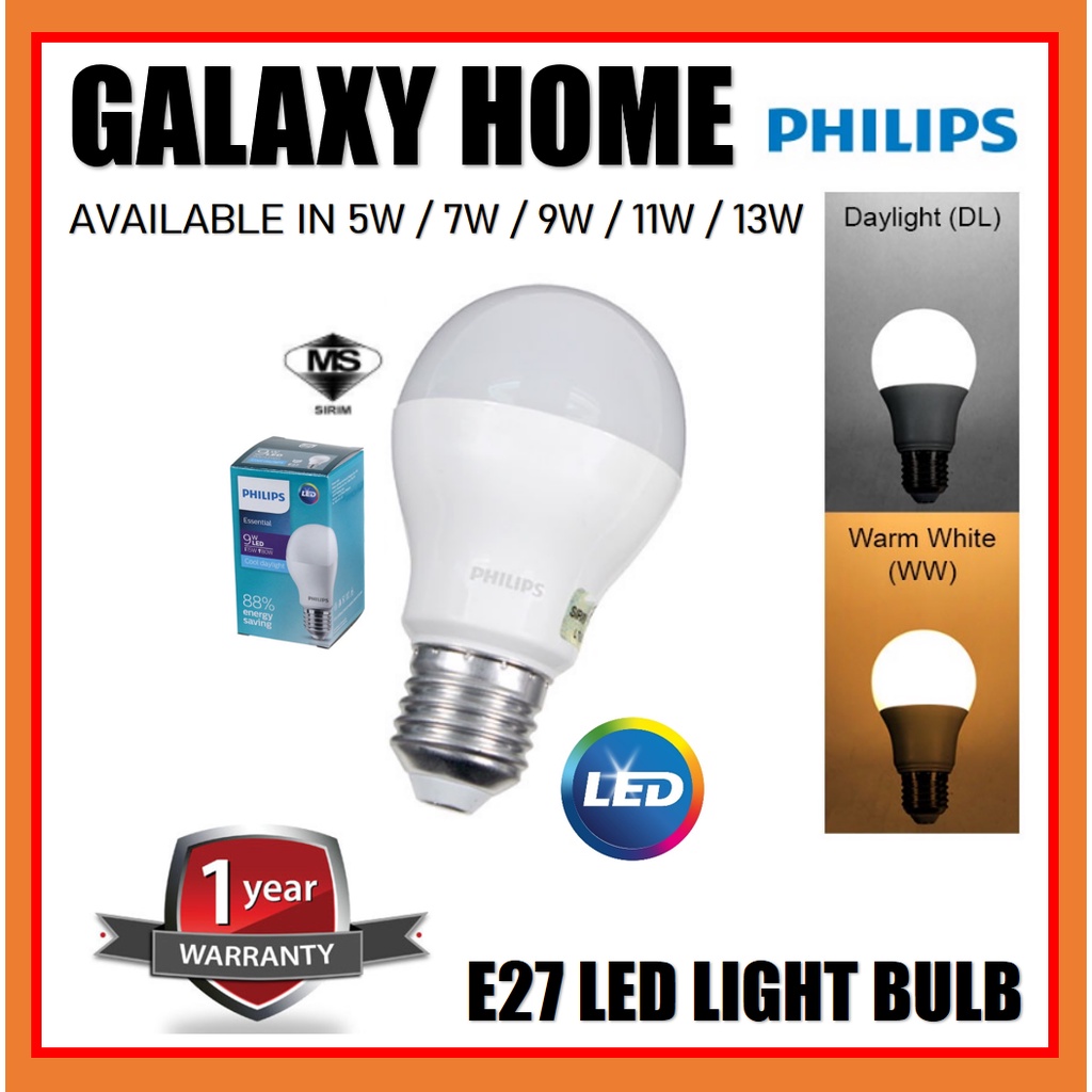 PHILIPS 5W/7W/9W/11W/13W E27 ESSENTIAL GEN2 LED BULB | Shopee Malaysia