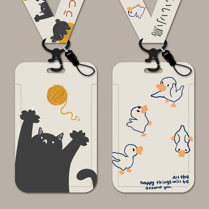 Cute cat card holder for student car case hanging neck lanyard work ...