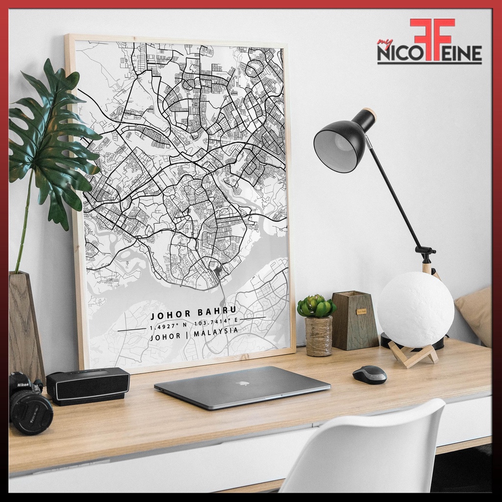 [Poster Only] NEW Johor Bahru City Minimal Map Black and White Large ...