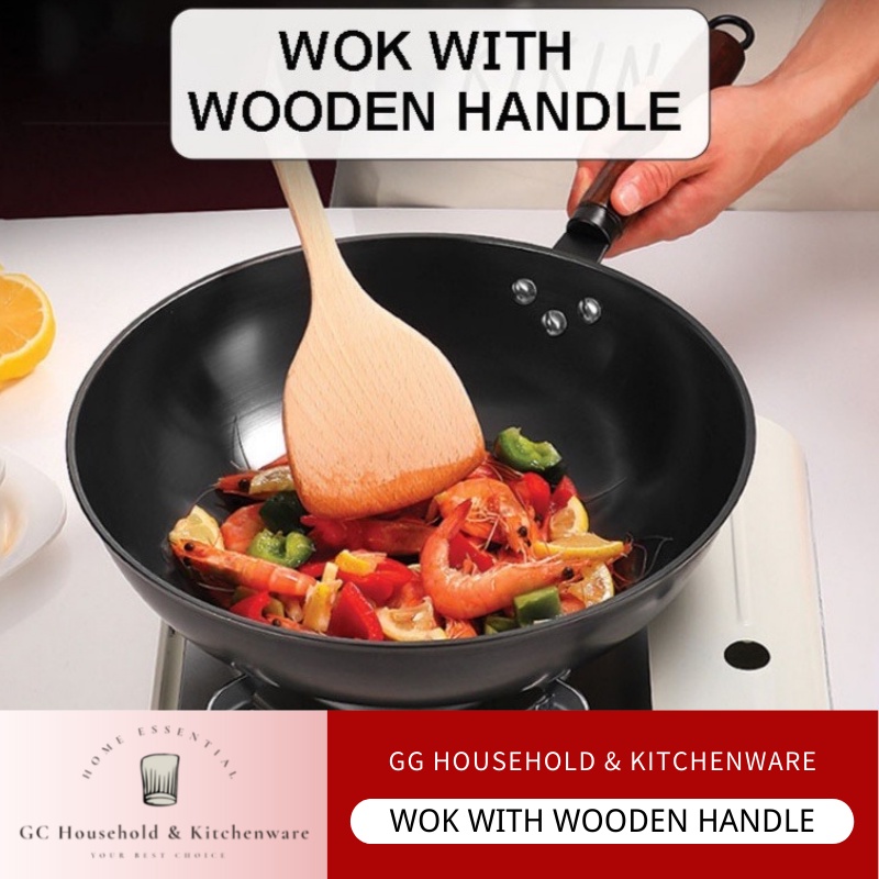 READY STOCK‼️KUALI HITAM BERTANGKAI KAYU/ WOK WITH WOODEN HANDLE ...