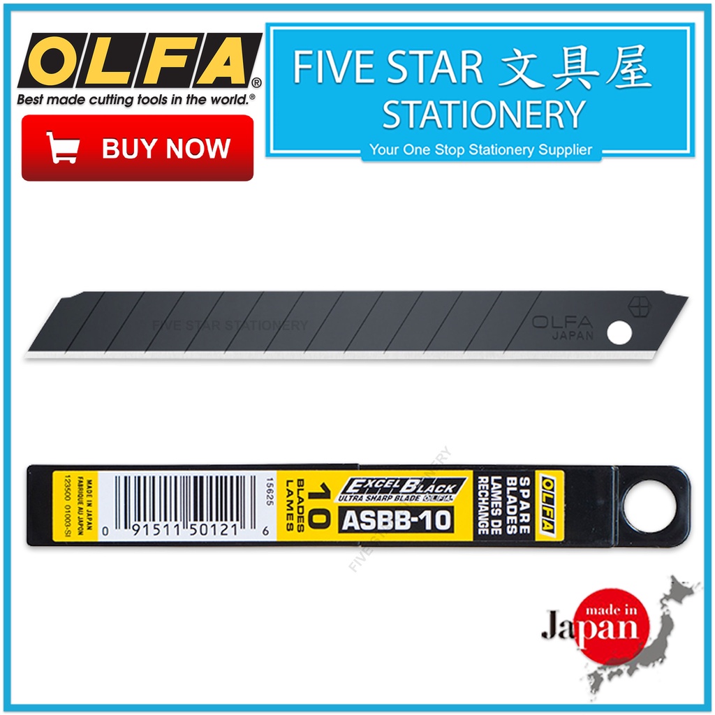 fivestar2u Olfa ASBB-10 Spare 9mm Excel Black Blades Standard Duty Blade Stationery Industrial ...